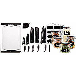 EatNeat 12 Piece Kitchen Knife Set 5 Piece Airtight Glass Kitchen Canisters with Black Lids - Includes Premium Black Labels and White Marker