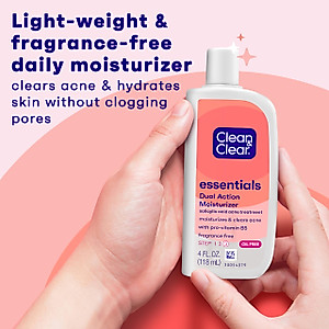 Clean & Clear Essentials Dual Action Oil-Free Facial Moisturizer, Salicylic Acid Acne Treatment with Pro-Vitamin B5 Moisturizes While Treating Acne & Helping to Prevent Pimples, 4 fl. Oz (Pack of 3)