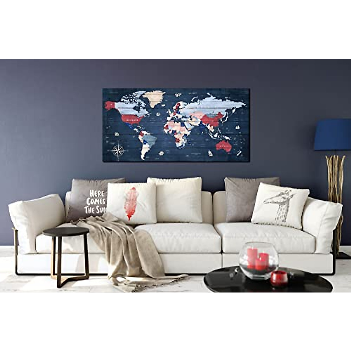 Blue World Map Wall-Art For Office - Large World Maps For Wall - Canvas Wall Art Stretched and Framed Ready to Hang Size 40" x 20"