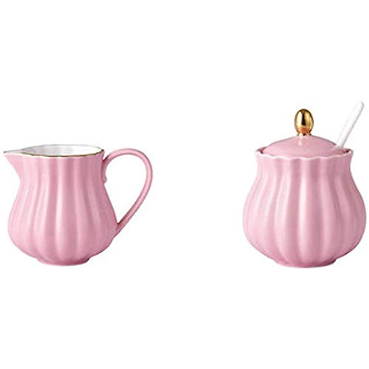 KURKUR French Press Coffee Maker, Porcelain Creamer And Sugar Set With Lid Pumpkin Fluted Shape Coffee Serving Set Milk Pitcher 220cc/7.4oz For Coffee And Tea (Color : Pink)