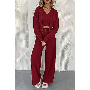 PRETTYGARDEN Womens 2024 Fall Track Suits 3 Piece Outfits Matching Sets Ribbed Knit Cardigan Cropped Tank Tops Wide Leg Pants (Wine Red,Medium)