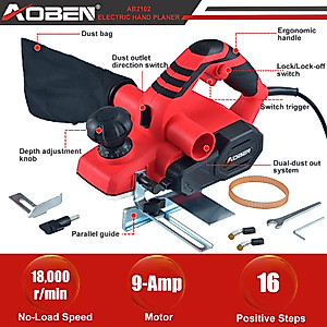 AOBEN 9-Amp Electric Hand Planer, 3-1/4-Inch 18000RPM Wood Planer for Woodworking, Power Handheld Planer for Wood Chamfer DIY, Dual Side Dust Outlet