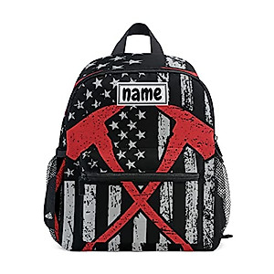 Glaphy Custom Kid's Name Backpack, American Flag Firefighter Toddler Backpack for Daycare Travel, Personalized Name Preschool Bookbags for Boys Girls