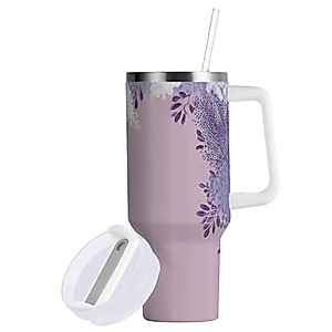 PaChyLuu 40 oz Insulated Tumbler with Handle and Straw Lid, Lilac Flowers Leak-Proof Stainless Steel Travel Coffee Mug for Car Cup Holder