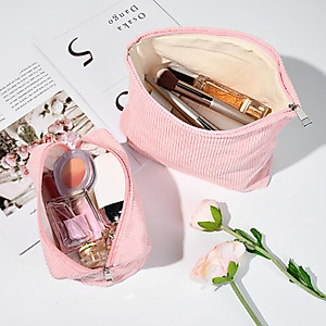 SOIDRAM 2 Pieces Makeup Bag Large Corduroy Cosmetic Bag Capacity Canvas Mix Travel Toiletry Bag Organizer Cute Makeup Brushes Aesthetic Accessories Storage Bag for Women, Corduroy Mix Pink