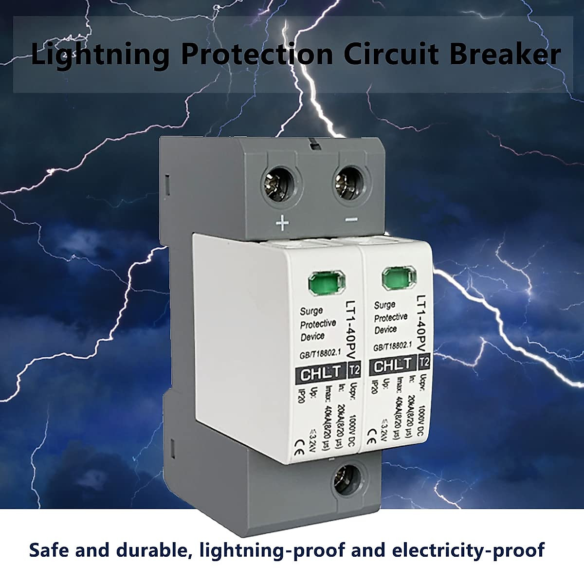 2P Surge Arrester Device, DC Protector Breaker Device 1000V DC Voltage PC Flame Retardant Shell Low Voltage Arrester 3.0KV Lightning Photovoltaic Charge Controller (2P 40KA)