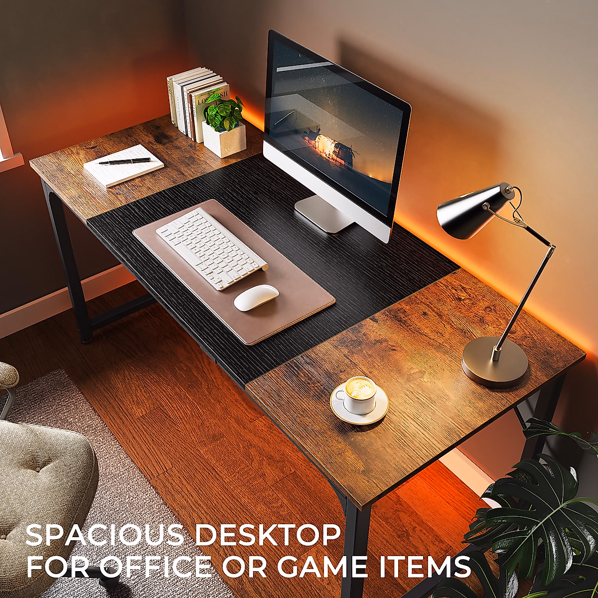 Huuger Computer Desk, 63 Inch Office Desk, Gaming Desk with Storage, Writing Desk Work Desk for Home Office, Study, Modern Simple Desk, Large Legroom, Metal Frame, Rustic Brown and Black