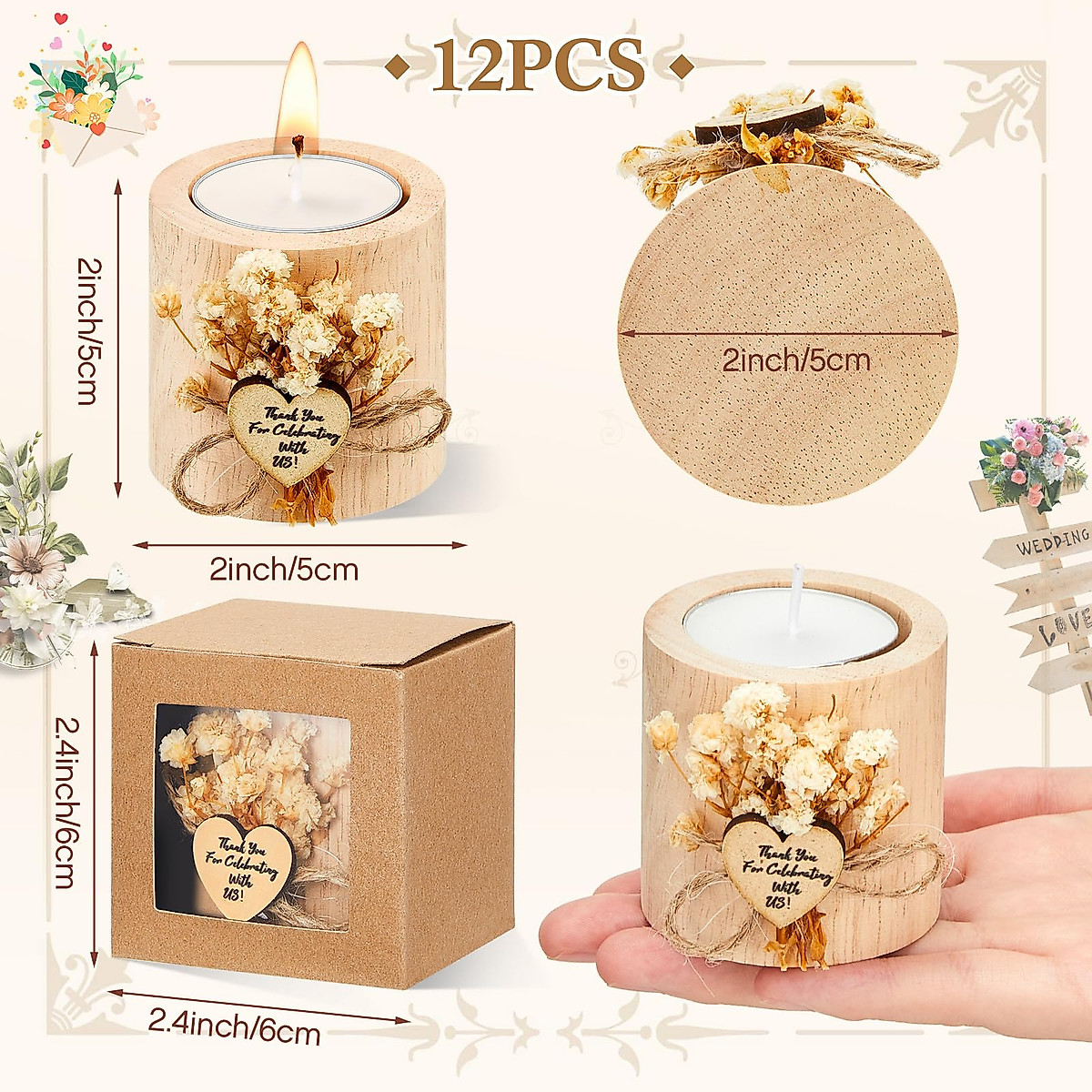 12 Pcs Rustic Wedding Favor Candle Holders Bridal Shower Favors Candles Wedding Party Favors Wedding Wooden Candle Gifts Wedding Souvenirs for Guest Romantic Gifts Wedding Decorations (Light Brown)