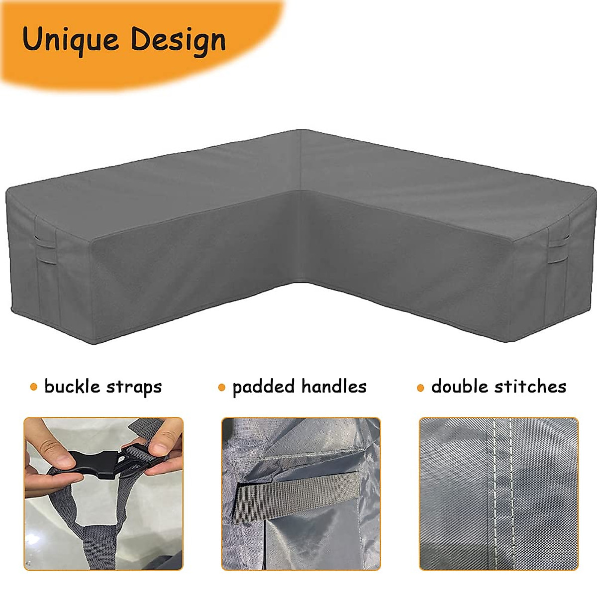 SUNSURE Patio L-Shaped Sectional Couch Sofa Cover Waterproof Outdoor Furniture Cover 420D Heavy Duty V-Shaped Sectional Couch Cover Gray Lawn Garden Furniture Set Covers with Buckle Strap (87"x112")