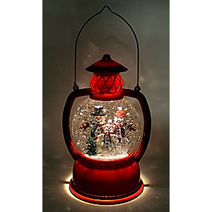 Christmas Decor Lighted Spinning Lantern Snowglobe with Snowman Family Scene, Red, Battery Operated (not included) - 7.6" H x 4.2" W x 5.2" D
