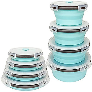 CARTINTS Blue Collapsible Bowls Silicone Food Storage Containers Silicone Camping Bowls with Airtight Lids, Microwave and Freezer Safe, Set of 4