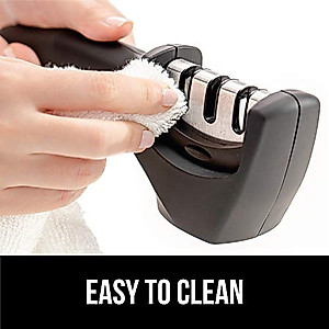 Gorilla Grip Easy to Use Knife Sharpener, 3 Sharpening Options to Help Polish, Sharpen and Repair Kitchen Knives, Restore Dull Blades, Slip Resistant Handle, Durable, Professional Chef Quality, Red