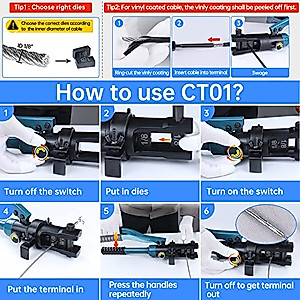 Muzata 60KN Upgraded Custom Hydraulic Hand Crimper Tool for 1/8" 5/32" 3/16" Stainless Steel Cable Railing Kit Wire Rope Swaging 3Pair Dies with Wire Cable Cutter CT01, CT1