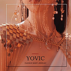 Yovic Boho Gold Body Chain Sexy Sequins Shoulder Chain Necklace Bikini Tassel Bra Chains Rave Nightclub Party Body Jewelry for Women (Gold-4)