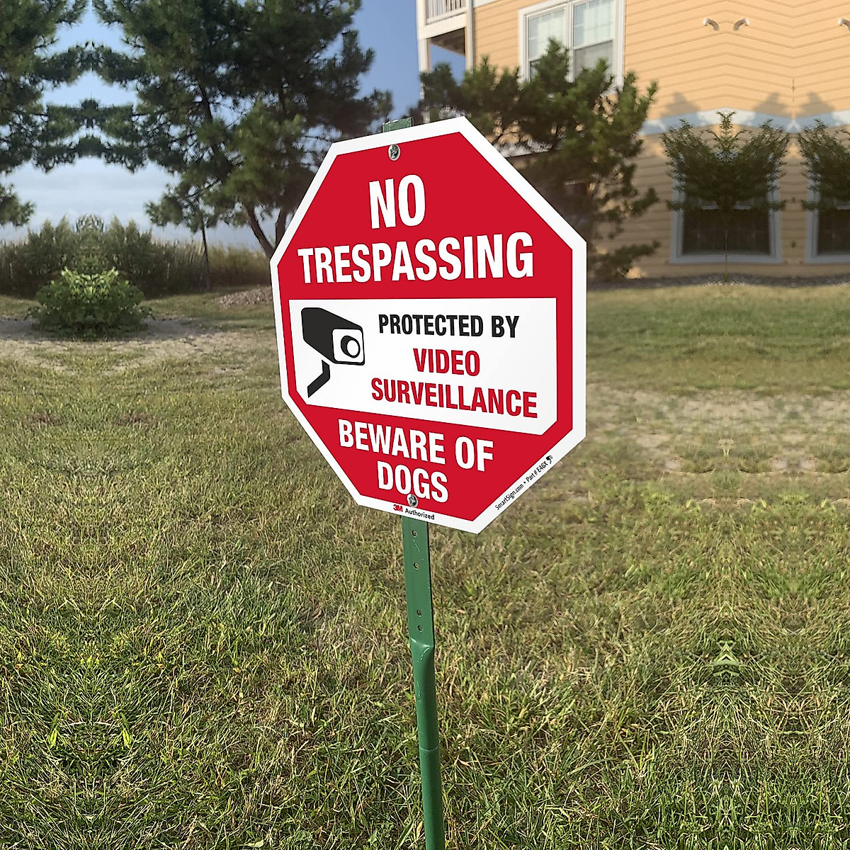SmartSign 10" x 10" 'No Trespassing Protected By Video Surveillance Beware Of Dogs' Octagonal Yard Sign with 3 ft Stake, 40 mil Aluminum 3M Laminated Engineer Grade Reflective, USA-Made