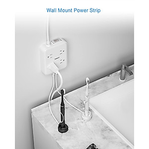 Outdoor Power Strip Weatherproof, TESSAN Waterproof Surge Protector with 4 Outlets 2 USB, Extension Cord 6 ft, Overload Protection, Shockproof, Flat Plug, Mountable for Bathroom Patio Garden, White