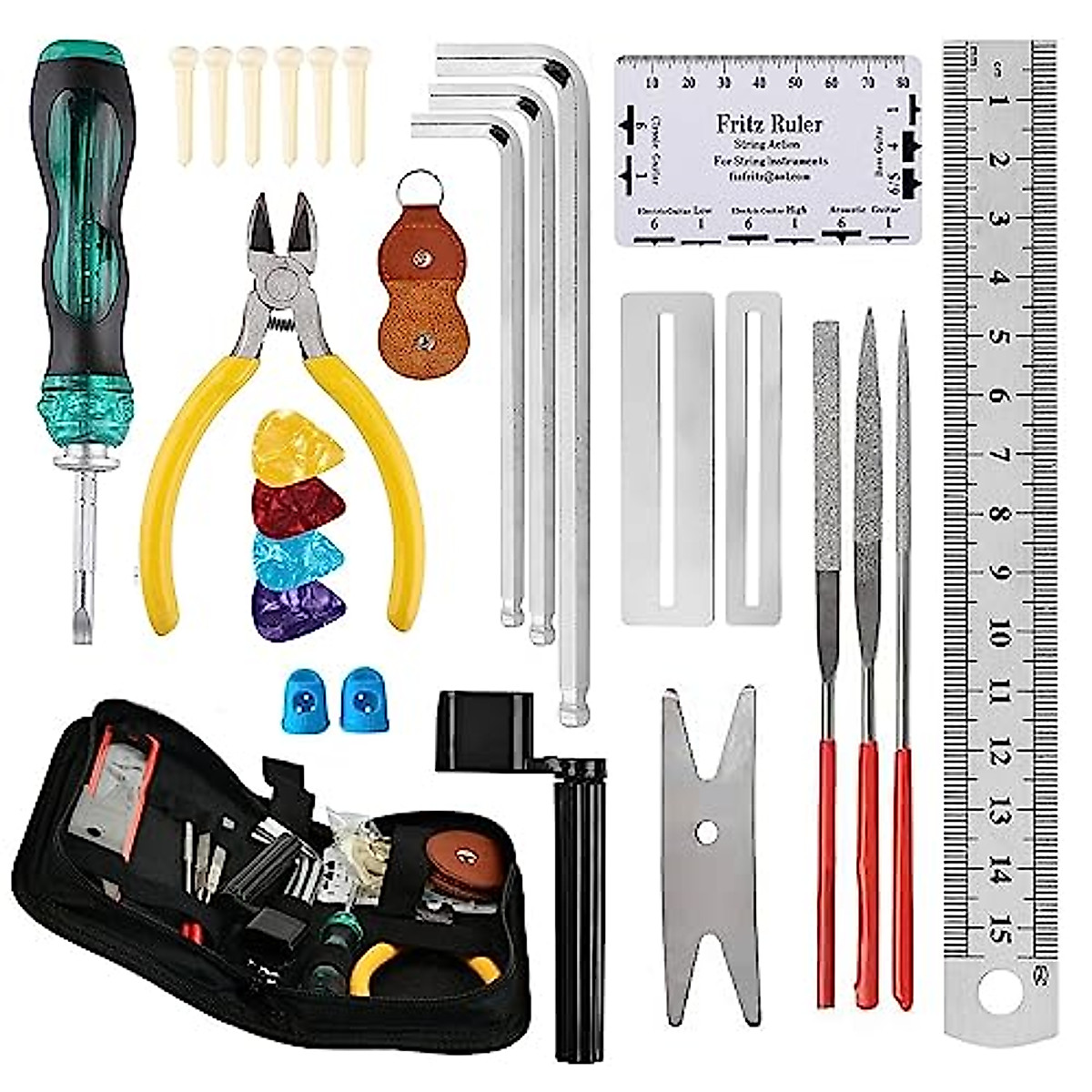 28PCS Guitar Tool Kit,Guitar Repair Tools Kit,Professional Guitar Repairing Maintenance Tool Kit with Wire Plier String Organizer Fingerboard Protector Hex Wrenches Files String Action Ruler Spanner