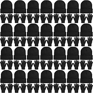 SATINIOR 56 Pieces Bulk Winter Hats Winter Beanies Touchscreen Gloves Combo Pack, Knitted Cuffed Skull Caps Bulk Pack for Men Women, Black