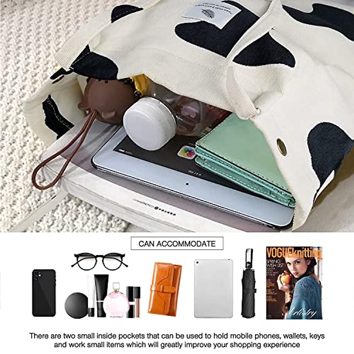 Ndeno Women Tote Bags Grocery Shoulder Bag Corduroy with Inner Pocket for Work Beach Lunch Travel Shopping Shopper Handbags (Cow)