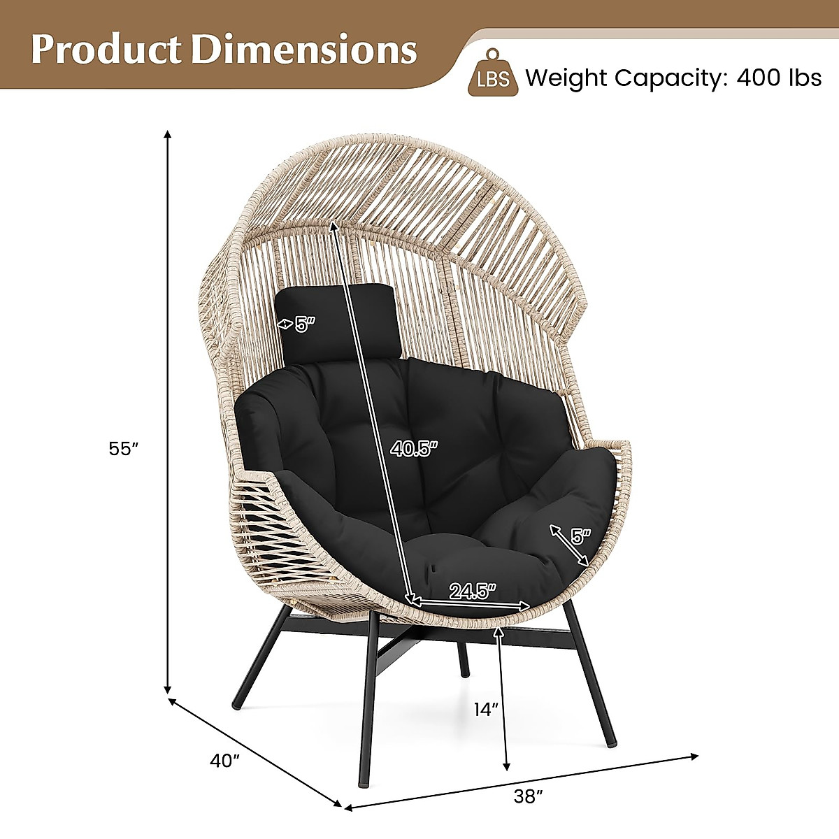 Tangkula Oversized Egg Style Chair, Wicker Stationary Patio Egg Chair w/Cushions & Headrest, Heavy-Duty Metal Frame, Patio Lounge Basket Sofa Chair for Yard, Porch, Living Room