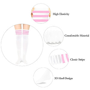 Gotneto Thigh High Socks for Women Thin Knee High Socks Striped Thigh High Socks Over the Knee Socks Long Thigh Highs Tights Casual Thigh High Stockings Socks 1 Pair White Pink One Size