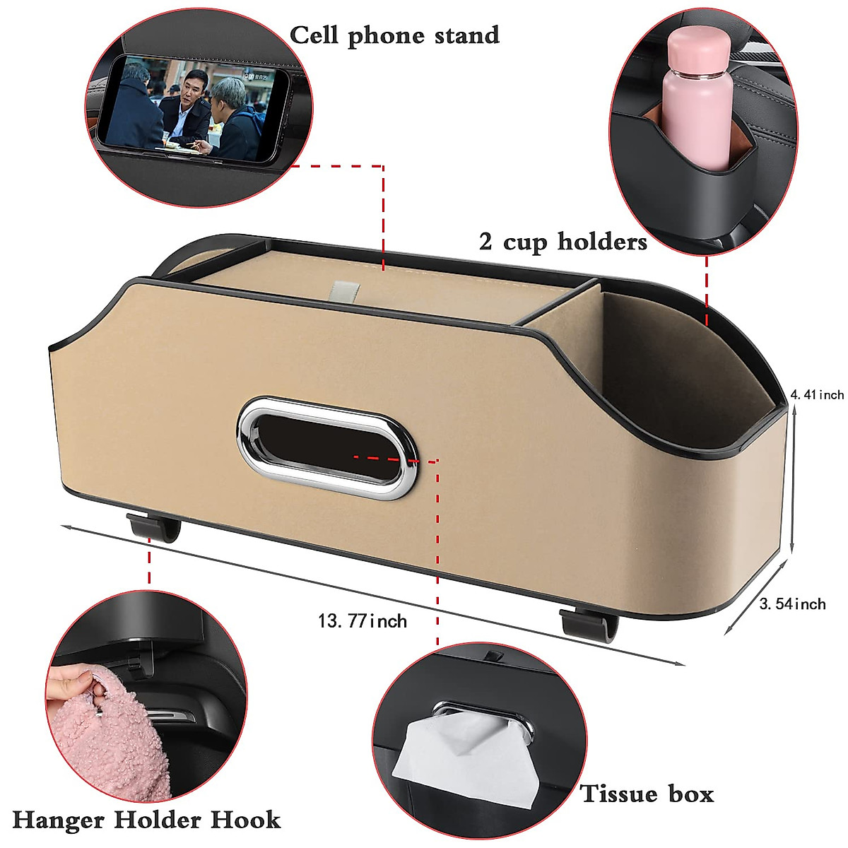 HOLDCY Car Back Seat Organizer with 2 Drink Cup Holder - Tissue Box and Storage Box Hook - Multi-functional Storage - Great for Kids and Travel (Beige)