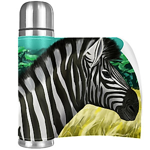 Stainless Steel Leather Vacuum Insulated Mug Zebra Thermos Water Bottle for Hot and Cold Drinks Kids Adults 16 Oz