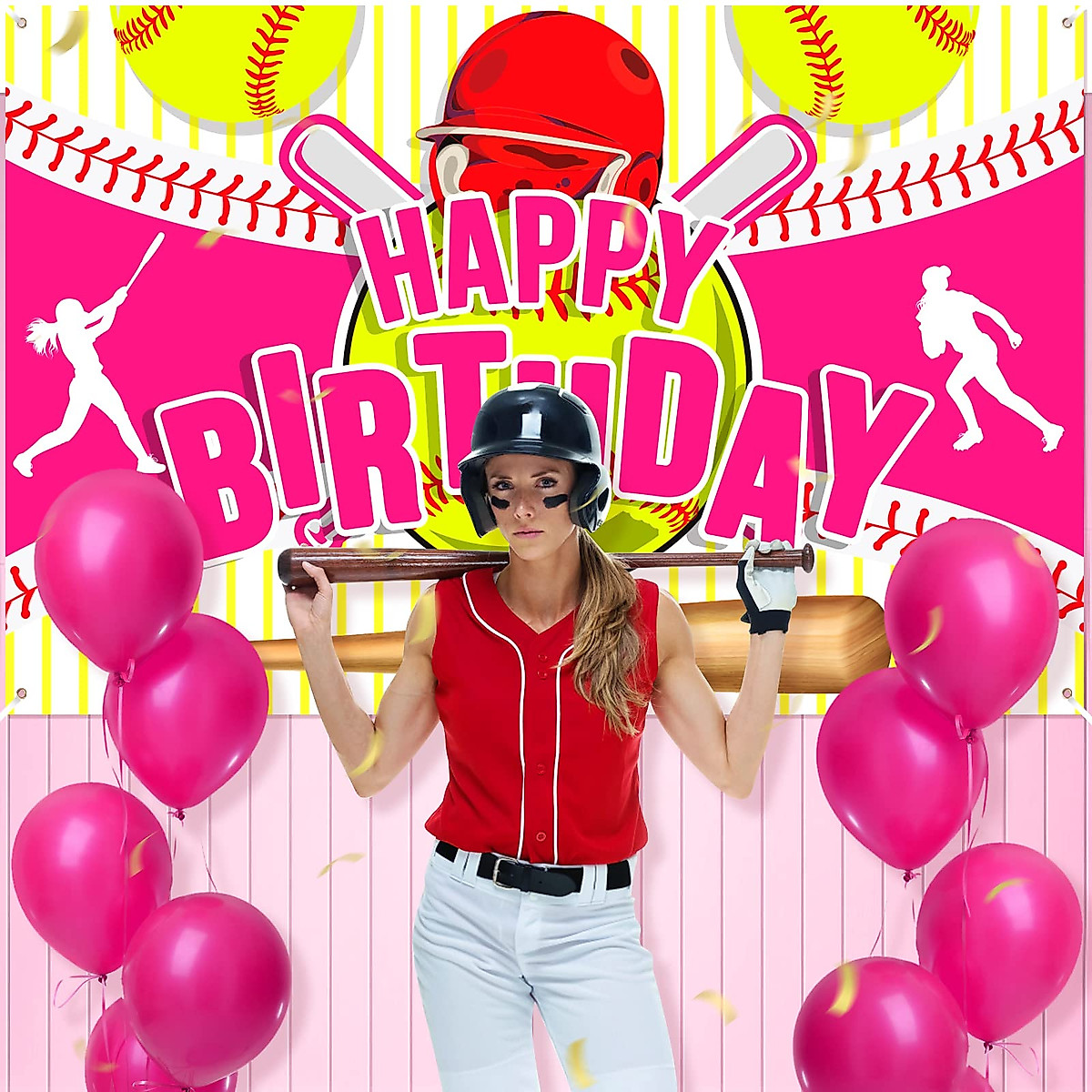 Softball Party Decorations Softball Happy Birthday Banner Party Supplies for Girls Kids Teens Large Sport Themed Birthday Backdrop for Christmas Holiday Birthday Party Favor Decor Photo Background