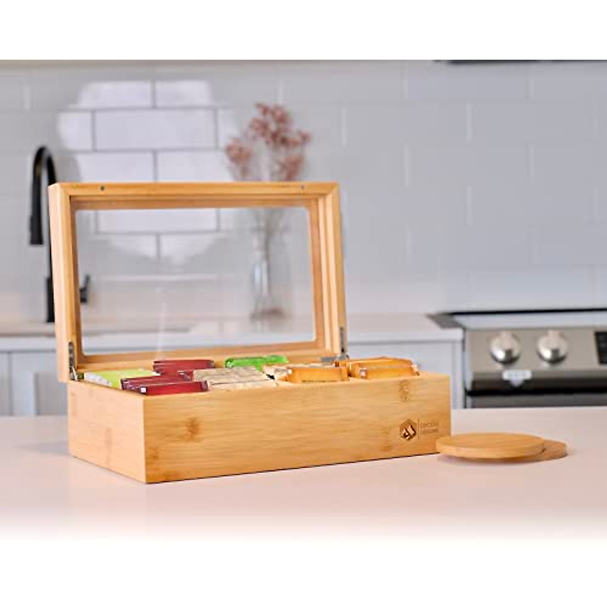 Premium High-end 100% Natural Bamboo Tea Box with 2 Coasters - Wooden Tea Organizer - Tea Bag Organizer Wooden Storage Box - 8 Adjustable Compartments - Clear Lid - Magnet Closure