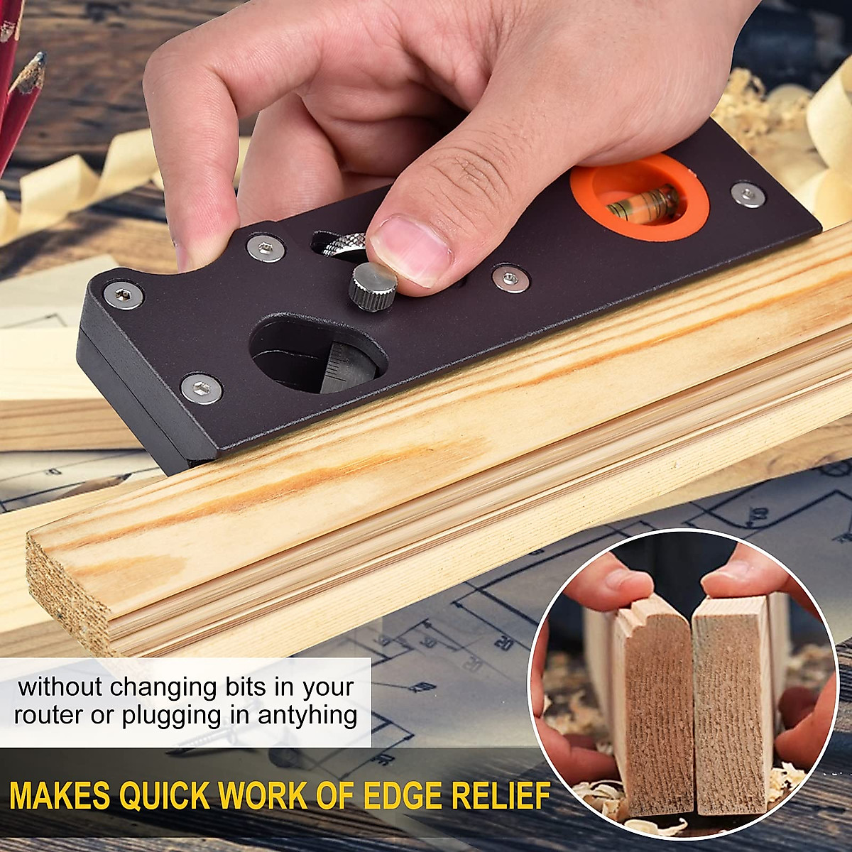 Chamfer Plane-Woodworking Edge Corner Plane with Auxiliary Locator, Hand Plane Suitable for Quick Edge Trimming of Wood (W/4cuters)
