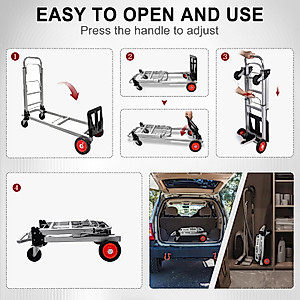 Aluminum Folding Hand Truck,440 lbs Heavy Duty 2 in 1 Convertible Hand Truck Dolly with Pneumatic Wheels,Telescopic Handles and 2 Elastic Ropes Collapsible Hand Cart for Luggage Moving Warehouse