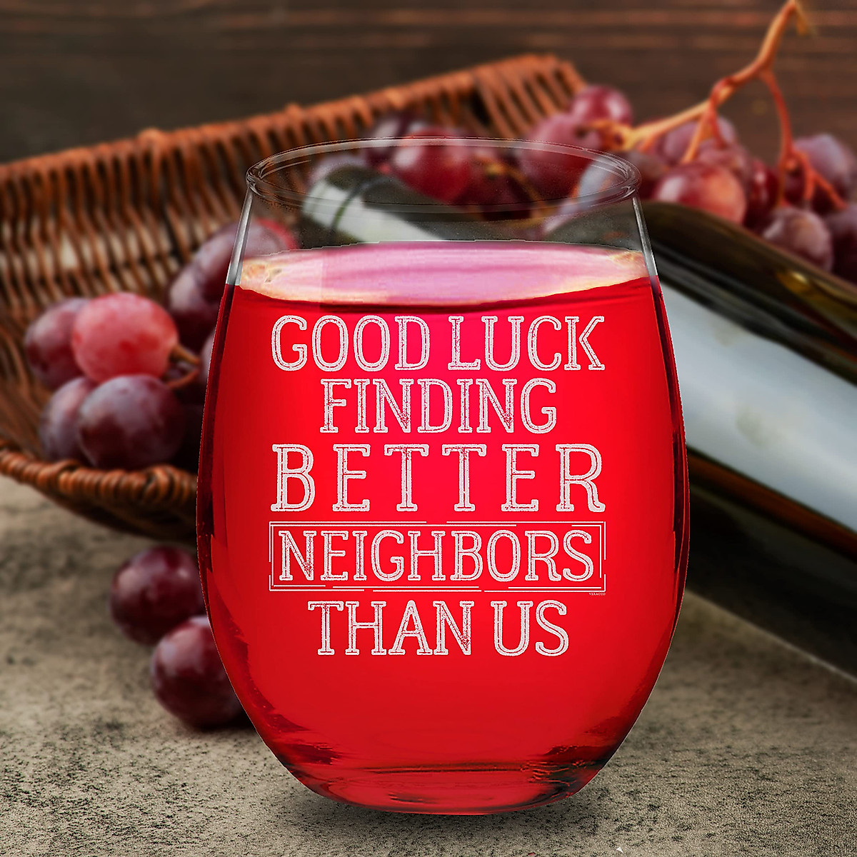 Veracco Good Luck Finding Better Neighbor Than Us Stemless Wine Glass Funny Birthday Gift For Someone Who Loves Drinking Bachelor Party Favors (Clear, Glass)