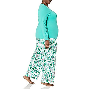 Amazon Essentials Women's Lightweight Flannel Pant and Long-Sleeve T-Shirt Sleep Set, Ecru Festive Tree, Large