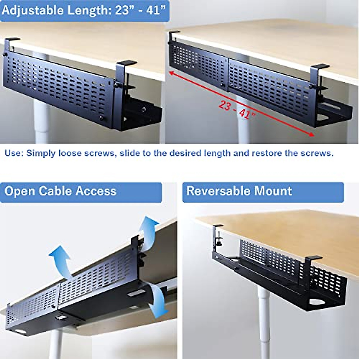 AEONS Under Desk Cable Management Tray Kit - Horizontal Adjustable up tp 41” Desk Organizer Removable C Clamp Mount Reversiable Computer Cord Raceway and Modesty Panel for Large Desk, Black