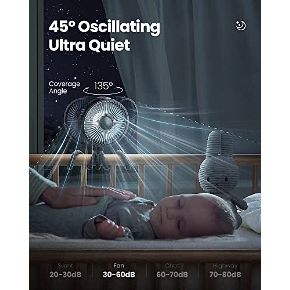 Gaiatop Baby Stroller Fan, 4000mAh Oscillating Mini Portable Fan with Lights, 4 Speeds Battery Operated 360° Rotate Flexible Tripod Small Clip On Fan Handheld Desk Fan for Car Seat Crib Travel Black