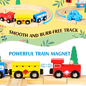 Civaner 33 Pcs Wooden Train Tracks and Magnetic Trains Christmas Packed Toy Railway Carriages Kits for Kids, Toddler, Boys and Girls Play Accessories