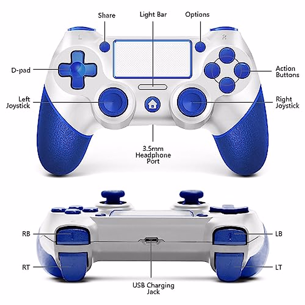 AceGamer Wireless Controller for PS4, Blue White V2 Gamepad Joystick for PS4 with Dual Vibration/6-Axis Motion Sensor/Non-Slip Grip of Both Sides and 3.5mm Audio Jack