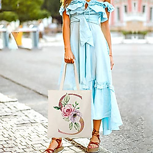 BeeGreen Initial Tote Bag Personalized Gift Tote Bag with 2 Inner Pockets Floral Canvas Tote Bag for for Women Monogram Tote Bag for Bridesmaid Wedding Day Bachelorette Shower Party (Letter S)