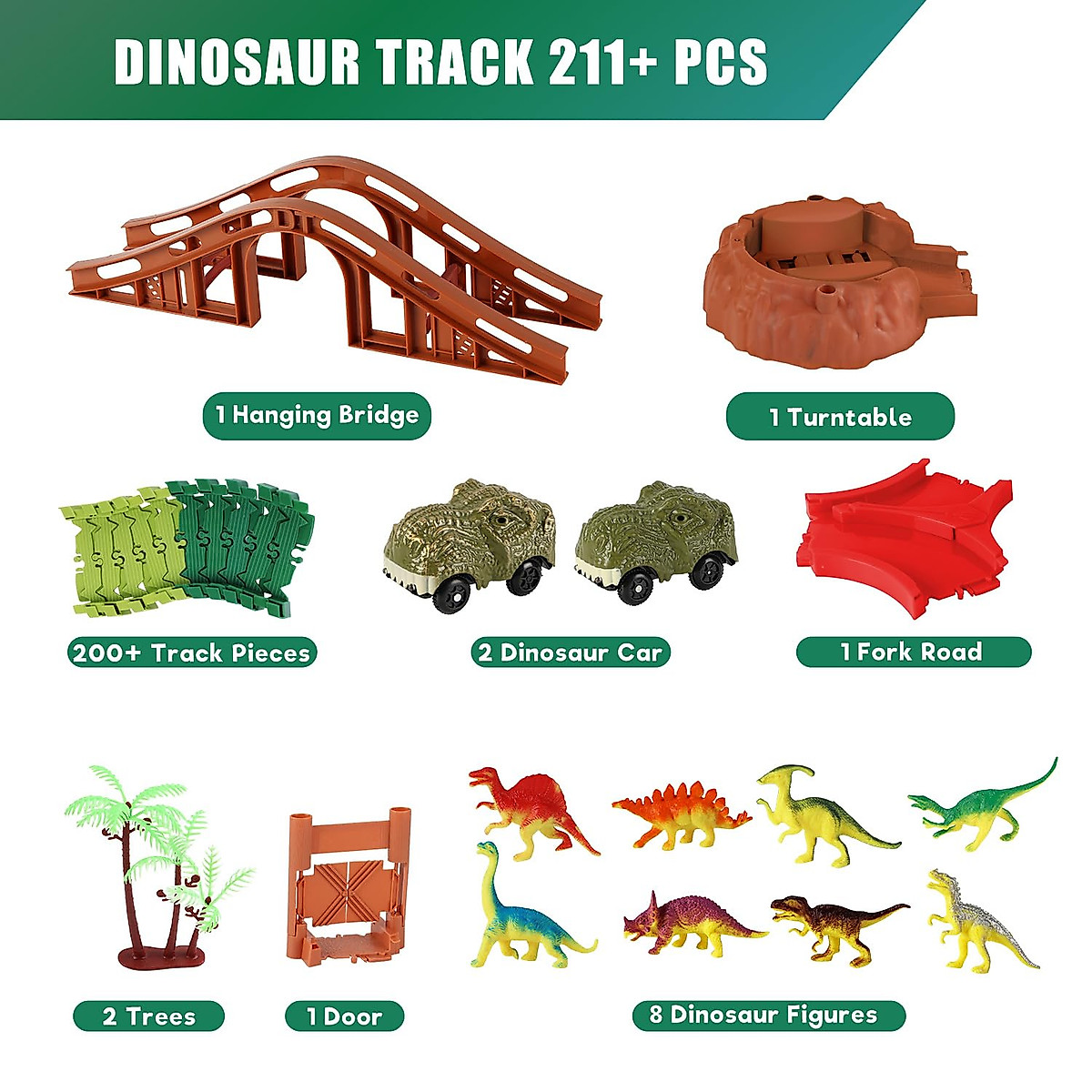 Jurassic Dinosaur Toys Race Car Track for Boys Age 4-7 Dinosaur World Road Race - Flexible Train Track Playset with 2 Cars and 8 Dinos-Todder Kids Best Gifts Ideas 3 5 6 Years Old (220+pcs) DDAI