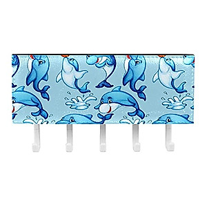 Cute Funny Blue Dolphins Pattern Rack Organizer with 5 Hooks Wall Bathroom Kitchen Shelf Rack Multifunctional Storage Shelf