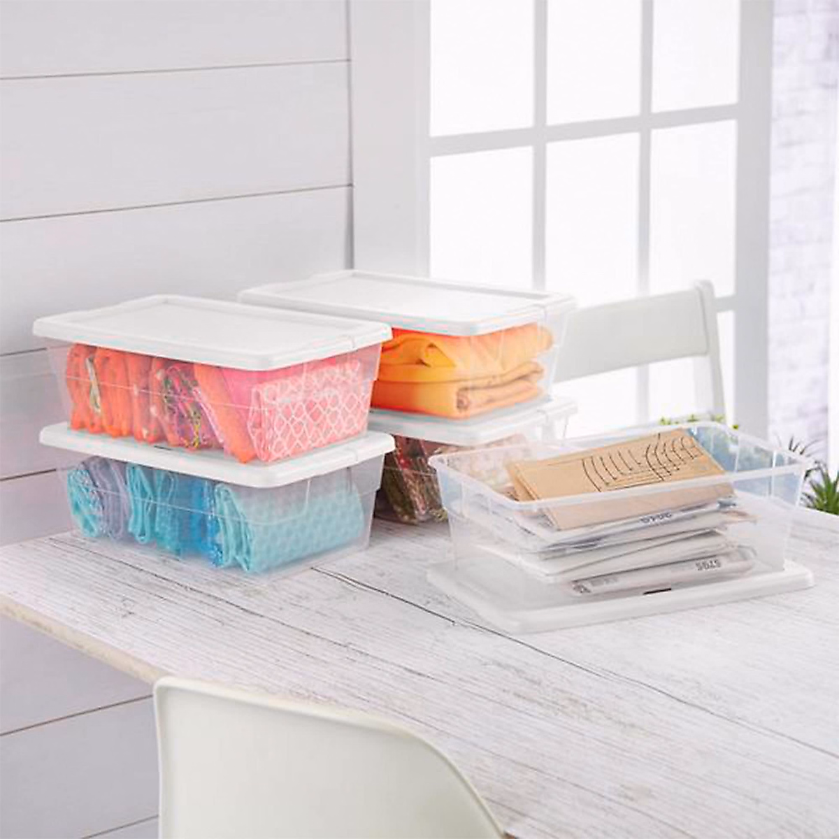 Sterilite 6 Quart Clear Stacking Closet Storage Tote Container with White Lid