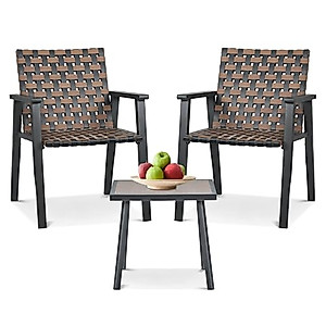 Athena Collection Outdoor Patio Bistro Set 3 Pieces Conversation Set Steel Frame Rattan Furniture Set Wicker Balcony Chairs Set of 2 and Side Table for Garden Backyard Balcony, Black