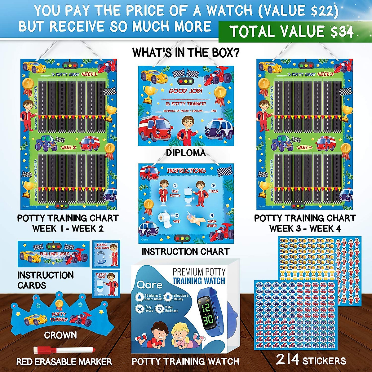 Premium Potty Training Watch & Charts - Pay the Price of a Watch But Receive So Much More - Only Watch with Multiple Alarms (16) to Fit Your Schedule & Easy to Use Smart Timer - Water Resistant (Blue)