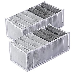 Washable Wardrobe Clothes Organizer, Upgraded 2Pcs Leggings T-Shirt Compartment Storage Box with Handles, 7 Grids Closet Organizers Storage, Foldable Drawer Mesh Separation Box for Bedroom(White)