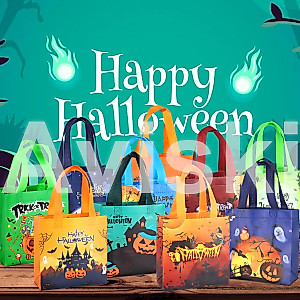 Aviski 10PCS Halloween Trick or Treat Bags, Small Halloween Tote Bags with Handles, Gift Bags, Multifunctional Non-Woven Halloween Bags for Gifts Wrapping, Halloween Party Supplies