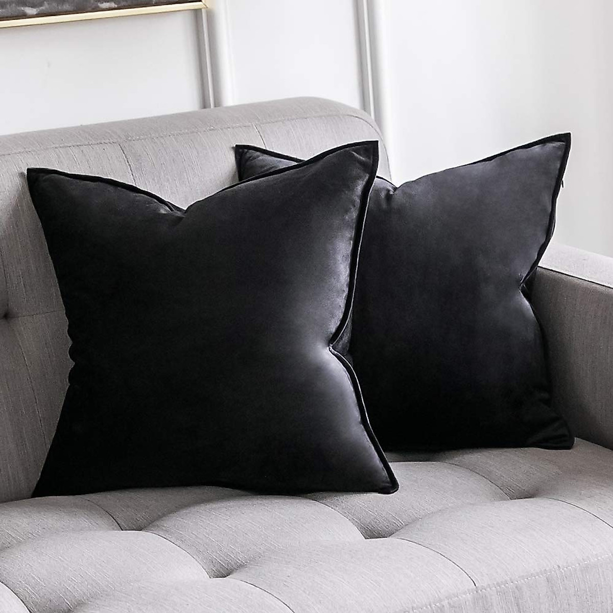 MIULEE Pack of 2 Decorative Velvet Throw Pillow Cover Soft Pillowcase Solid Square Cushion Case for Sofa Bedroom Car 22x22 Inch Black