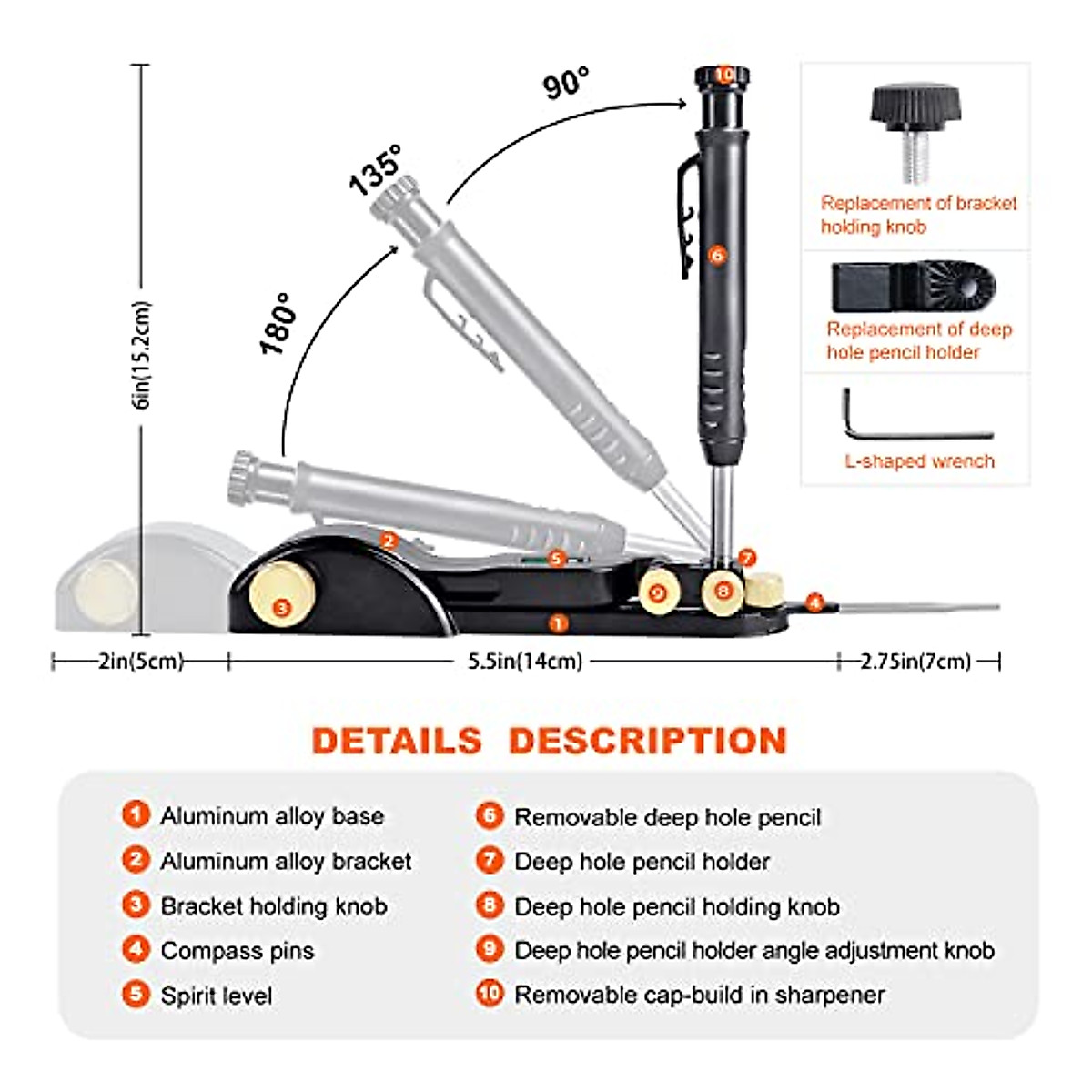 MARSBASE Multi-function Scribing Tool with Carpenter Pencils Aluminum Alloy Scribe Tool with Deep Hole Pencil Built-in Level, Scriber Marking Tools for Woodworking Line Marker