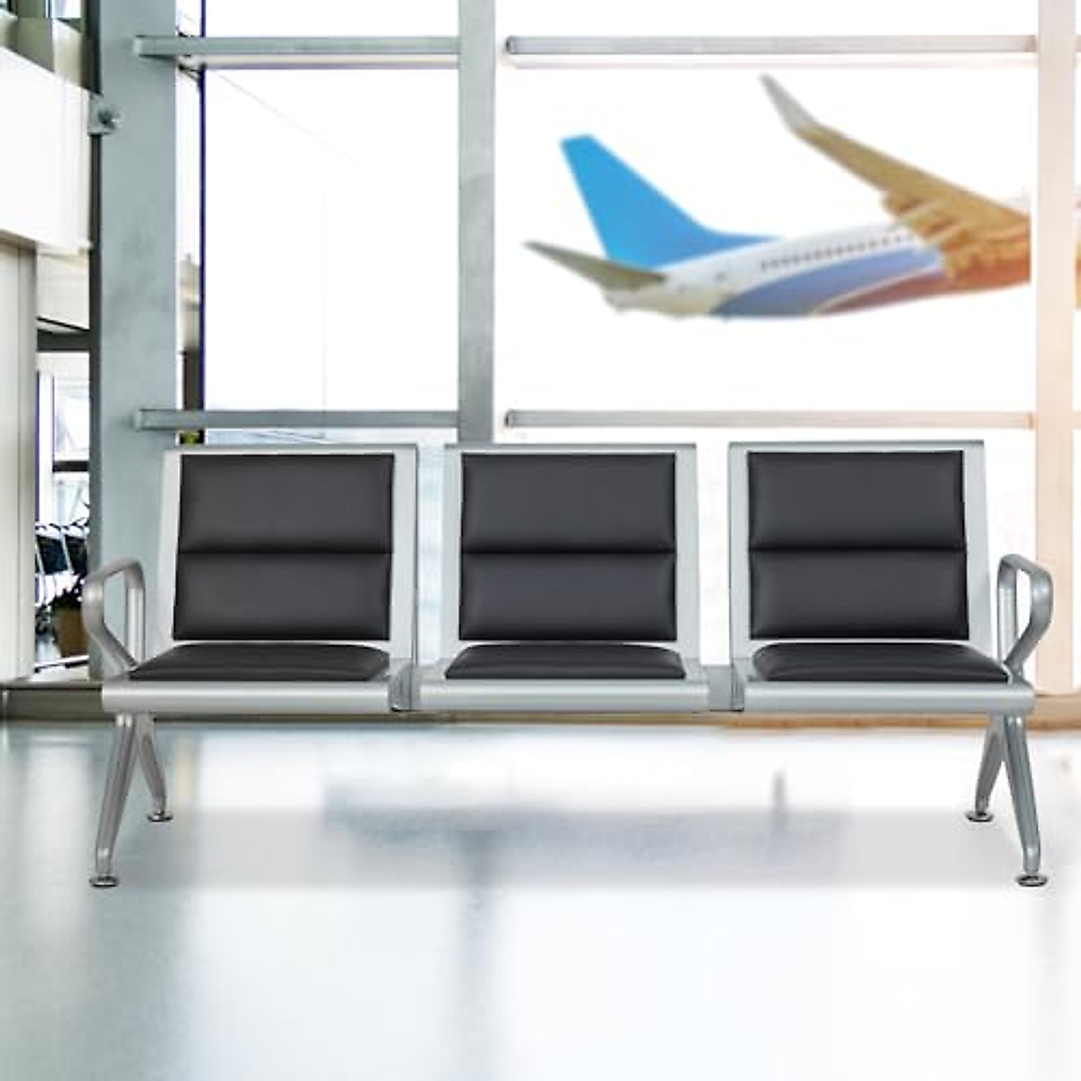Kinfant 3-Seat Waiting Room Chair - Metal Waiting Area Bench Guest Reception Chairs with Armrests, PU Leather Waiting Room Furniture for Office, Airport, Black