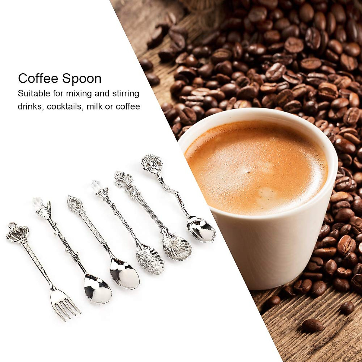 Fdit 6Pcs/Set Vintage Carved Coffee Spoon Teaspoon Retro Zinc Alloy Dessert Coffee Tableware Spoons Cutlery Kitchen(Silver)