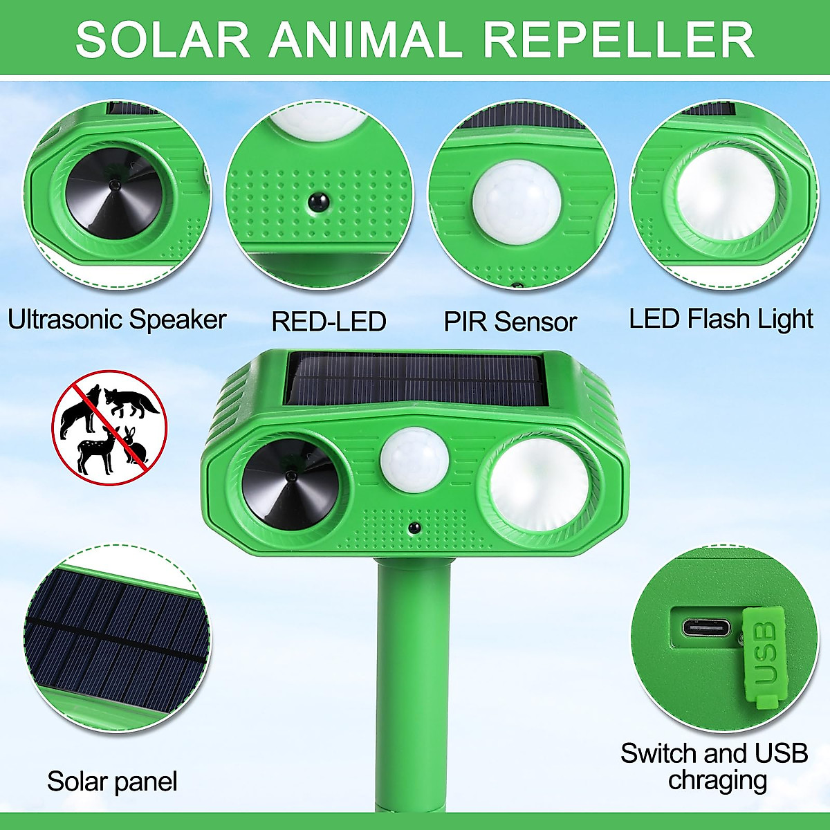 Qualirey 4 Pcs Ultrasonic Animal Repellent Solar Animal Repeller Outdoor Waterproof Deterrent Scarer with Motion Sensor for Squirrel Raccoon Skunk Rabbit Rats Deer Bird